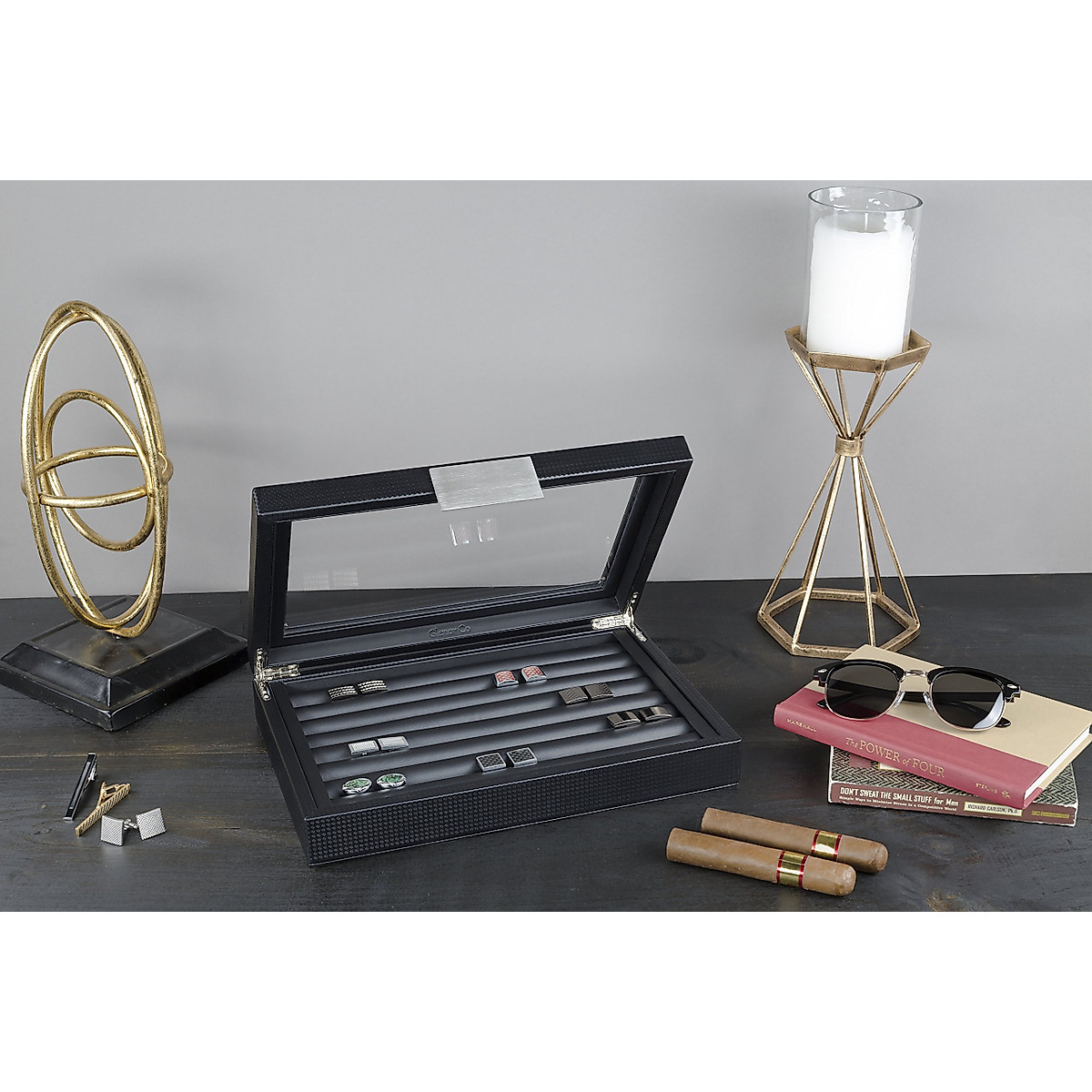 Glenor Co Cufflink Box for Men - Holds 70 Cufflinks - Luxury Display Jewelry Case -Carbon Fiber Design - Metal Buckle Holder, Large Glass Top - Black