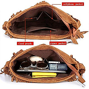 Goclothod Women Hippie Fringe Tassel Suede Hobo Shoulder Bag Vintage Messenger Crossbody Handbag Camel