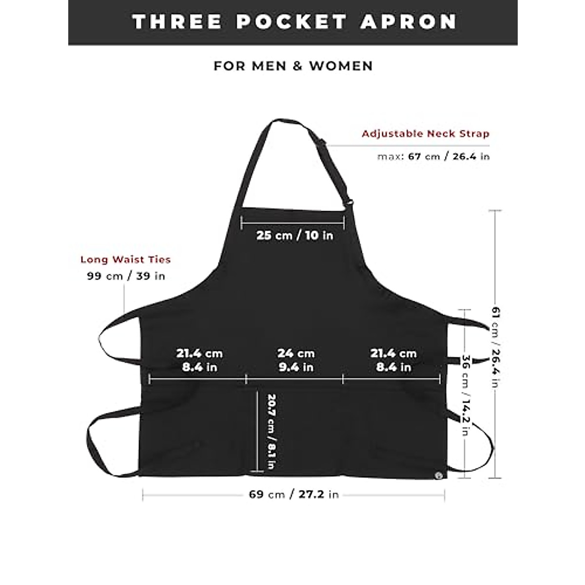 Chef Works Unisex Three Pocket Apron, Black, One Size (2 Pack)