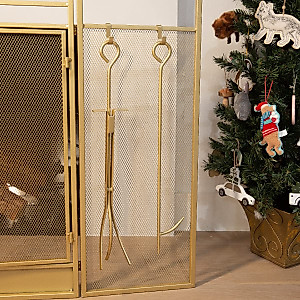 Barton 48" Fireplace Screen 3-Panel Folding Magnetic Doors with 4-Pieces Fire Place Tools Set Steel Fire Spark Guard, Gold