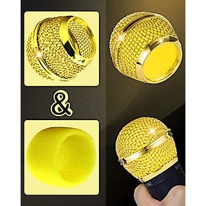 RhymKawa Bling Gold Microphone Cover Compatible with Shure SM58, SM48 Wired and Wireless Mic Cartridge Ball Mesh Grill Repalcement, 2 Pack