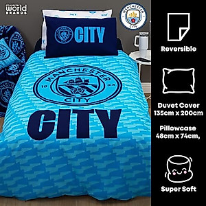 Character World Official Manchester City FC Single Duvet Cover Set, Crestcol Design | Blue Reversible 2 Sided Football Bedding Cover Official Merchandise Including Matching Pillow Case