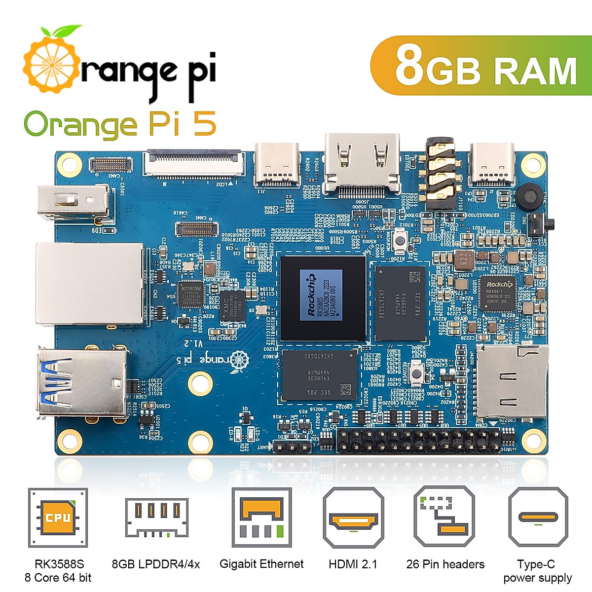 Orange Pi 5 8GB Rockchip RK3588S 8-Core 64 Bit Single Board Computer, Up to 2.4GHz and 8K Video Codec Support Development Board Run Orange Pi/Ubuntu/Debian/Android 12 OS (Pi 5 8GB+ Power Supply)