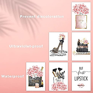 KALYLOC 6Pcs Pink Fashion Women Canvas Wall Art Prints, Pink Flower Perfume Makeup Brush High Heels Handbags Pictures Paintings, Art Decorations for Living Room Bedroom Office (8''x12'' in Unframed)