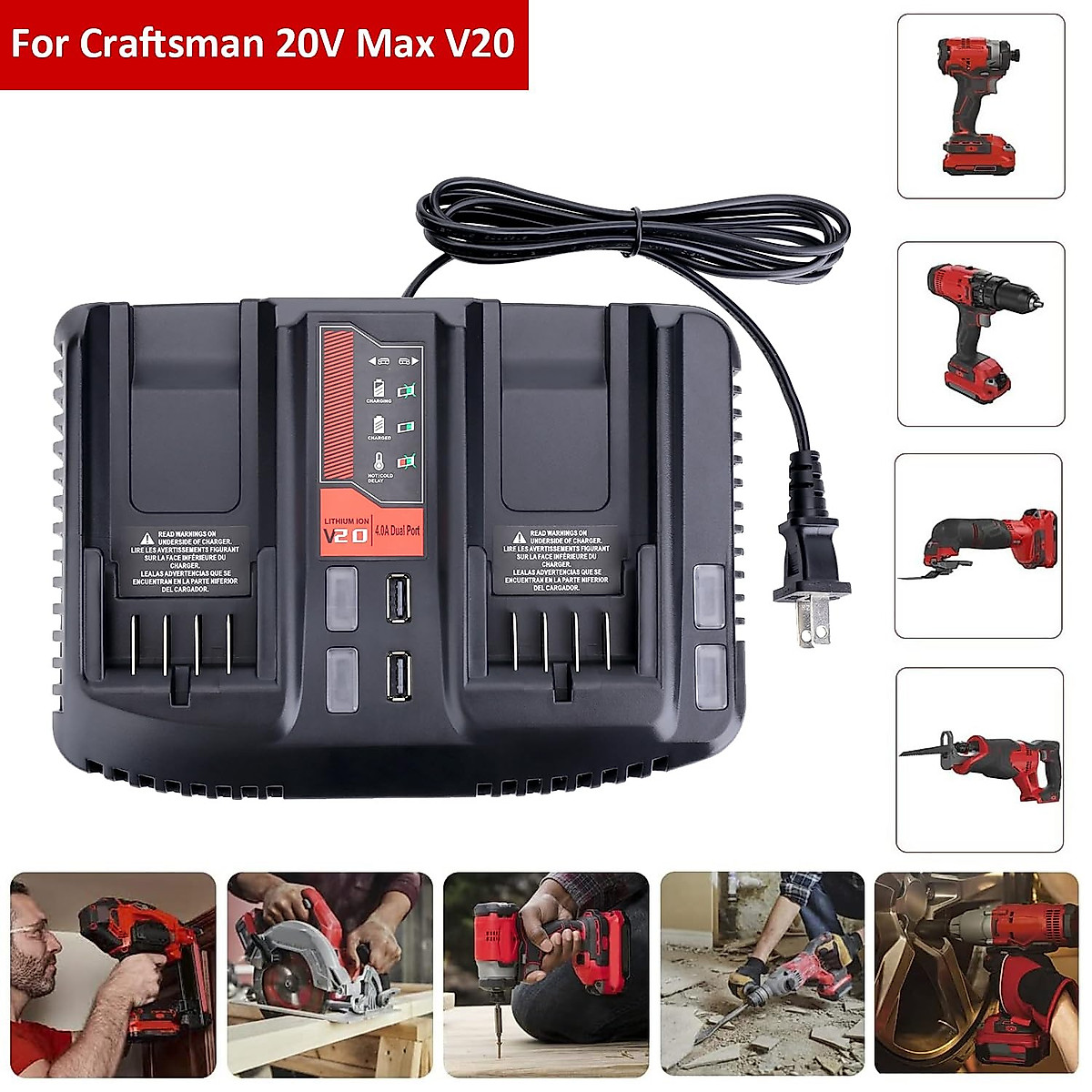 CMCB124 Dual Port V20 Battery Fast Charger Replacement for Craftsman 20V MAX V20 Battery Lithium CMCB202 CMCB201 CMCB209 CMCB205 CMCB100 CMCB102 CMCB101