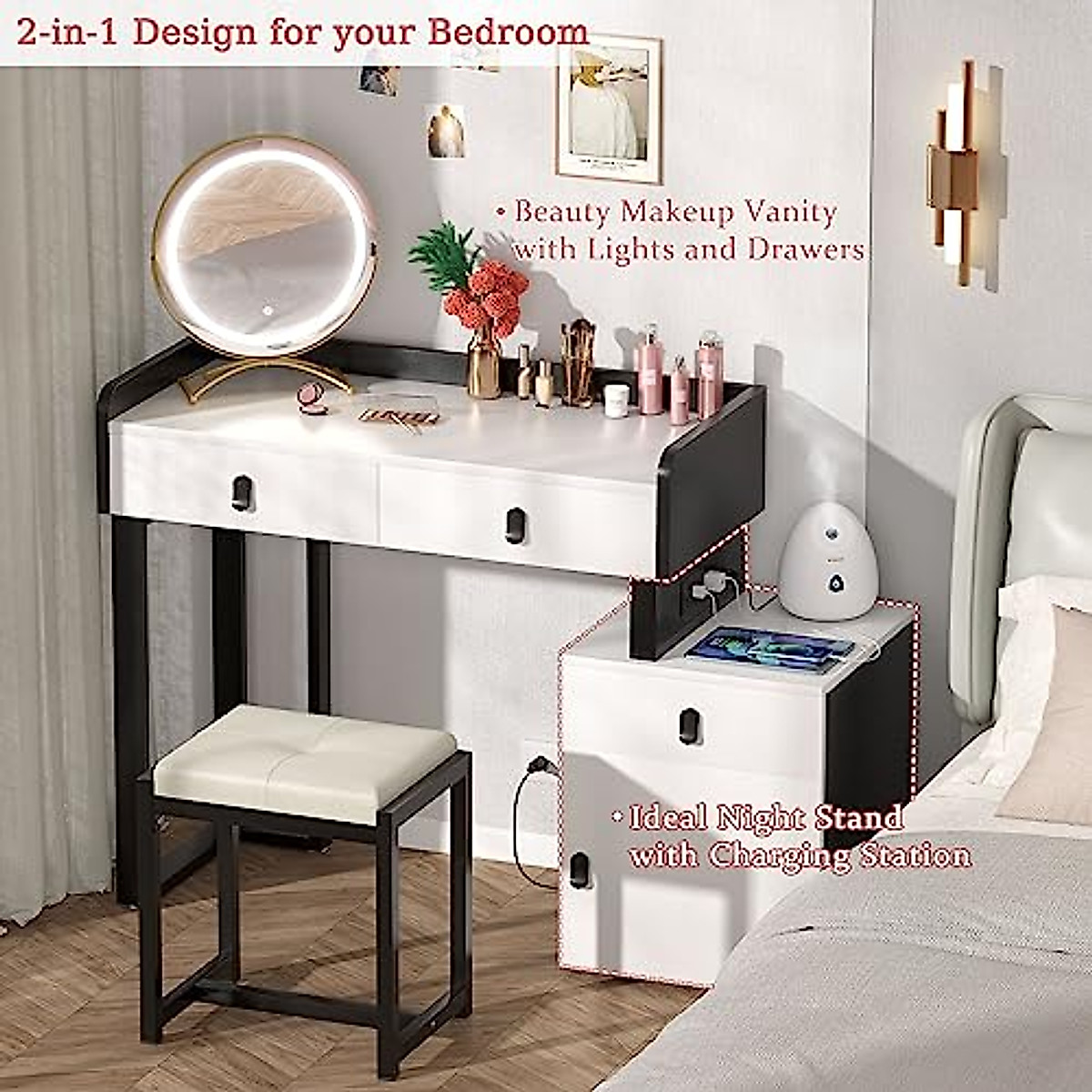 Vanity Desk with Lighted Mirror & Power Outlets, 44'' Makeup Vanity Set with Lights & 3 Drawers, Vanity Mirror with Lights Desk & Chair, Dressing Table with Reversible Cabinet & Stool, White & Black