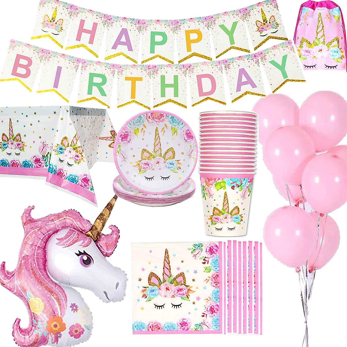 ZSNICE Unicorn Birthday Decorations Pack Supplies Tableware for 16 Guests, 1*Table Cloth/Cover, 16*Cups, 16*Plates, 16*Napkins, 1*Happy Birthday Banner, 1*Huge Size Unicorn, 10*Pink Balloons