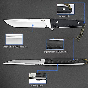 KOMWERO Fixed Blade Knife with Leather Sheath, D2 Steel Full Tang Hunting Knife, Non-Slip G10 Handle, EDC Survival Camping Knife for Outdoor Fishing Hiking