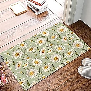 Spring Indoor Doormat Kitchen Comfort Front Door Mats, White Daisy with Green Leaves Watercolor (Green) Doormat Rubber Entryway Rugs Welcome Entrance Decorative Doormats, 16 x 24 inch