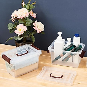 EZOWare 4.6 Quart Plastic Storage Basket Container with Latching Lid, Set of 6 Clear Stackable Tote Organizer Latch Bin Box with Handles for Home, Office, School and more - 11 x 7.7 x 5.5 inch