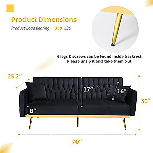 ACMEASE 70” Velvet Futon Sofa Bed with 2 Pillows and Adjustable Armrests, Convertible Sleeper Bed, Modern Loveseat for Living Room, Bedroom, Black