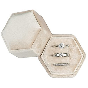Giftop Equal Hexagon Velvet Ring Box Storage 3 Slots for Wedding Ceremony Proposal Engagement Birthday (Beige)