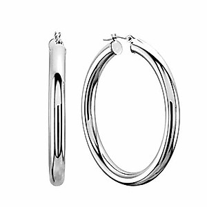 14k REAL White Gold 50MMx3.00MM Thickness Classic Polished Round Tube Hoop Earrings with Snap Post Closure For Women