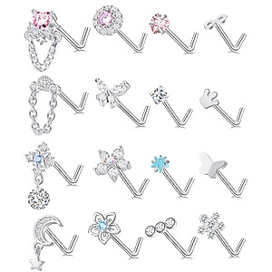 Tornito 16Pcs Dangle Nose Rings Stud L Shaped Cubic Zirconia Butterfly Heart Star Moon Flower Crown Assorted Shape Stainless Steel Nostril Piercing Jewelry for Women Men 20G Silver Tone