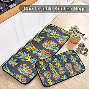 Pineapples Kitchen Rugs and Mat 2 Pieces Set Cushioned Anti Fatigue Kitchen Mat Non Slip Doormat Runner Carpet Washable Farmhouse Decor for Kitchen Floor Home Office Laundry