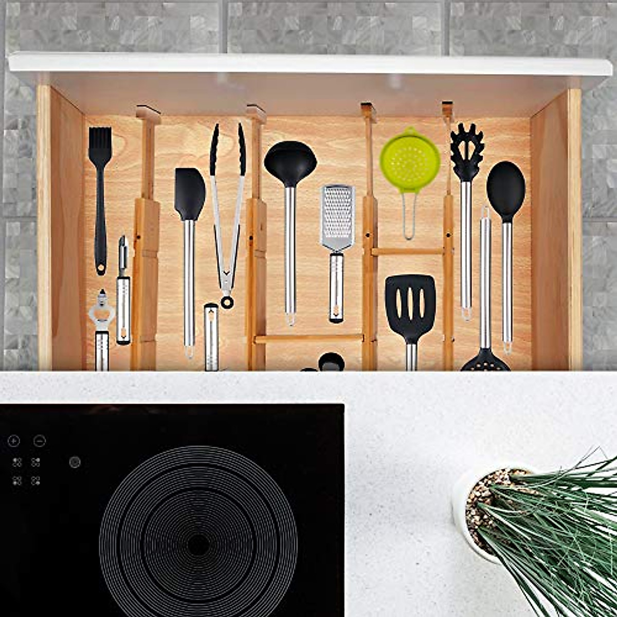 Adjustable Bamboo Drawer Dividers with Inserts and Liner -Spring Loaded Organizer-Expandable Organizers for Kitchen Utensils in Drawers for Deep Large Dresser for Clothes-Wood Draw Divider Separators