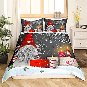 Erosebridal Xmas Bedding Sets Scandinavian Christmas Santa Gnomes Comforter Cover Snowing Santa Claus Bedding Sets for Kids Boys Girls Romantic Candlelight Quilt Cover 3 Pieces Full Size
