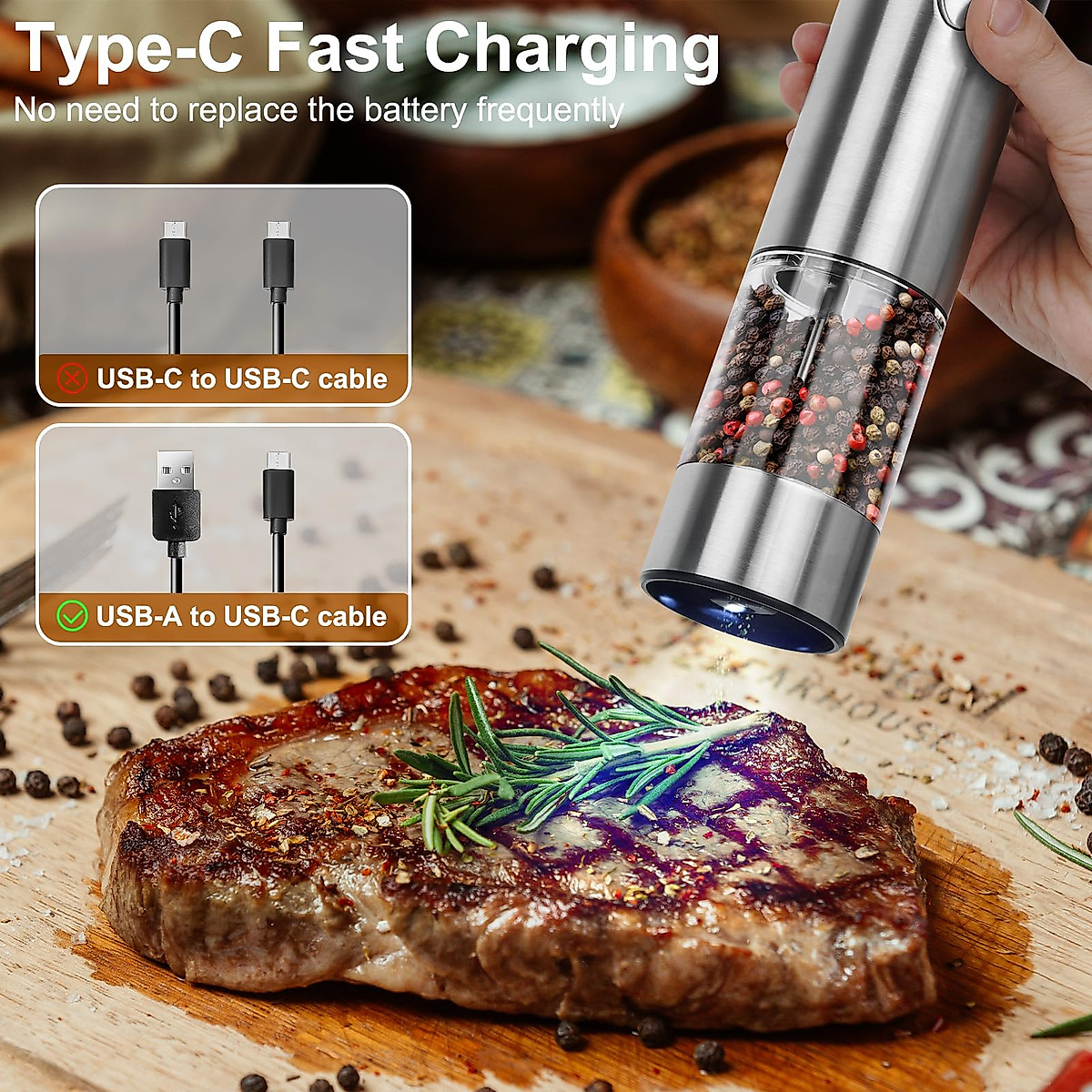 Enutogo Electric Salt and Pepper Grinder Set, Rechargeable Salt and Pepper Shakers Refillable, Automatic Pepper Mill with Adjustable Coarseness, One Hand Operation with LED light, Stainless Steel