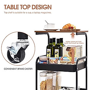 TOOLF Utility Cart with Wooden Table Top, 3-Tier Metal Storage Cart, Black Trolley Kitchen Organizer Rolling Desk with Locking Wheels for Office, Classroom, Home