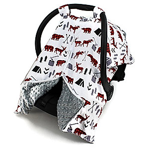 Dear Baby Gear Car Seat Canopy, Woodland Adventure Bear Moose Plaid, Minky Grey