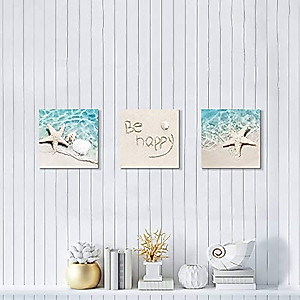 Beach Starfish Canvas Wall Art: Starfish and Conch in The Teal Sea Water Picture Prints on Canvas for Bathroom (12'' x 12'' x 3 Panels)