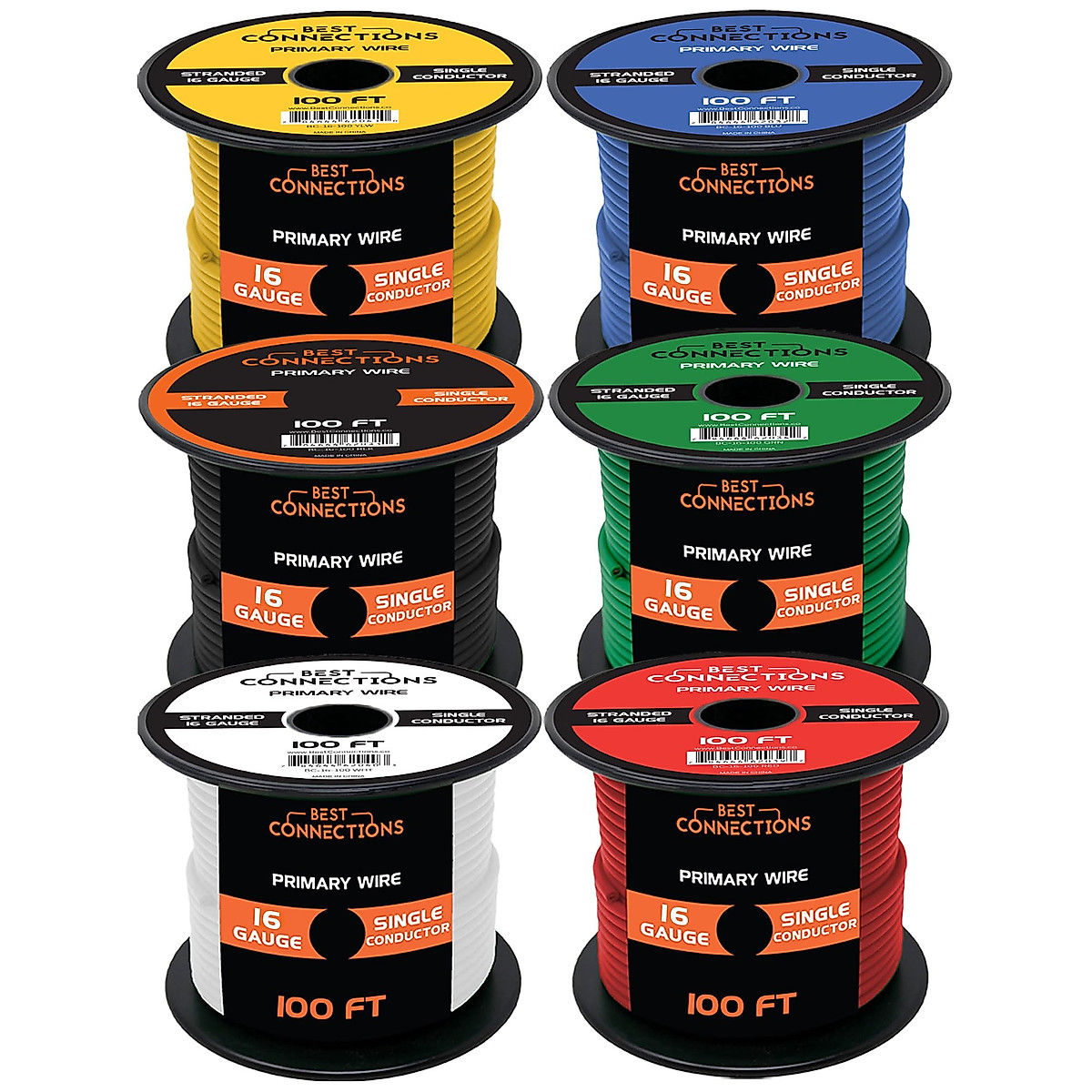 BEST CONNECTIONS 16 Gauge Automotive Primary Wire (100ft Each – 6 Color Bundle Set) | Ideal for Trailer, Speaker, and Lighting Circuits | Durable Primary/Remote, Power/Ground Electrical Wiring