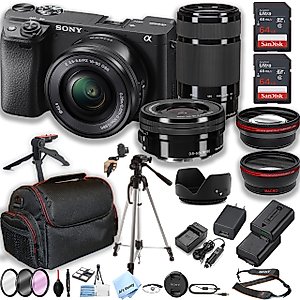 Sony a6400 Mirrorless Camera with16-50mm & 55-210mm Zoom Lenses + 2pcs 64GB Memory + Case+ Tripod + Steady Grip Pod + Filters + Macro + 2X Lens + 2X Batteries + More (38pc Bundle)