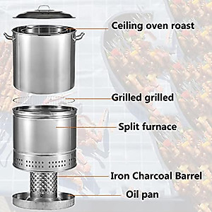 WANGF Charcoal BBQ Hanging Stove Charcoal Braised Grill Barrel Large Capacity Barbecue 201 Stainless Steel Split Oven 360° All Round Roasting Oil Charcoal Separation 60 * 53 * 40cm