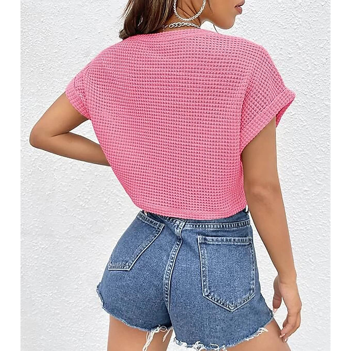 Meladyan Women’s Casual Waffle Knit Crop Tee Top Batwing Short Sleeve Crew Neck Solid Cropped T Shirt Tops Pink