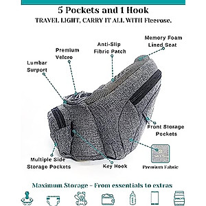 FLEEROSE - CPC-Certified Hip Seat Baby Carrier - New Ergonomic Bench Design, Multiple Pockets & Lumbar Support & Breathable Materials for Newborns & Toddlers, All Seasons & 4 Positions (Carrier, Grey)
