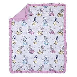 Disney Little Princess Pink, Blue, Yellow and White Stars and Hearts Cinderella, Snow White, Belle and Aurora 6 Piece Nursery Crib Bedding Set