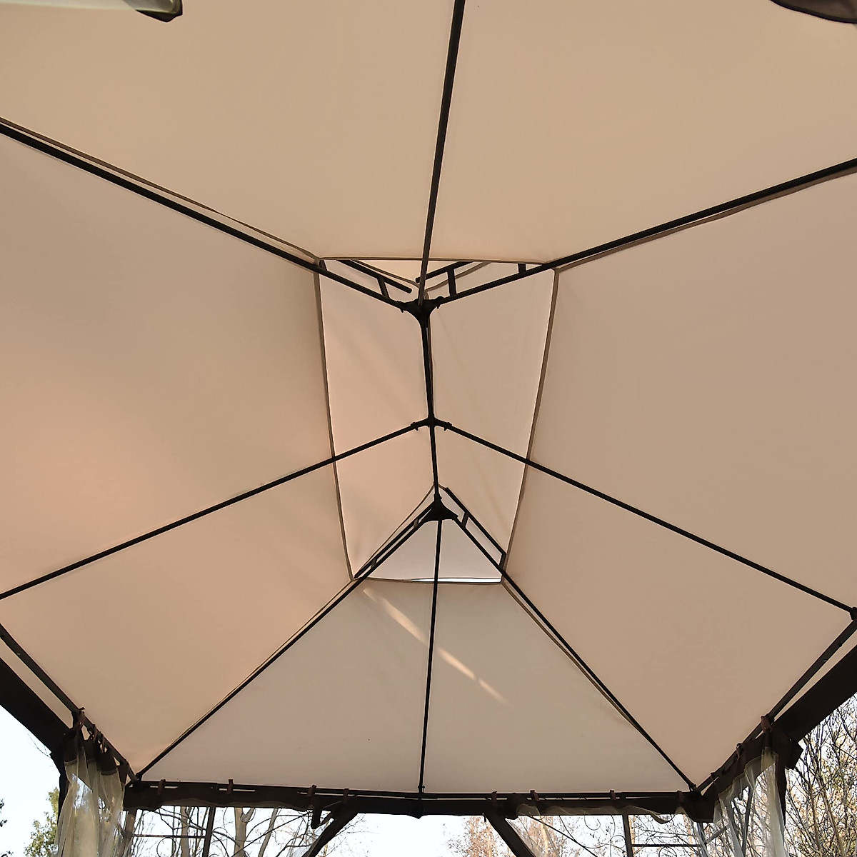 Patio Outdoor Gazebo 13x9.7 Iron Metal Frame with Mosquito Netting, Double Roof Canopy Tent Suitable for Backyard, Poolside, Garden, Lawn and Deck, Khaki