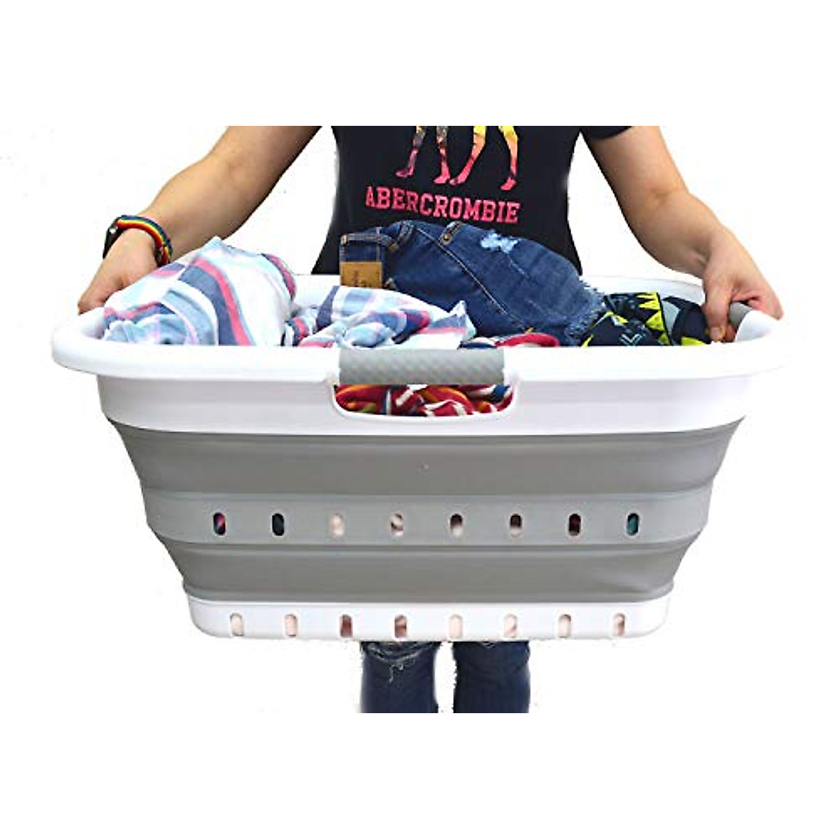 SAMMART 41L (10.8 gallon) Collapsible 3 Handled Plastic Laundry Basket - Foldable Pop Up Storage Container/Organizer - Portable Washing Tub - Space Saving Hamper/Basket (3 handled rectangular, White/Grey)