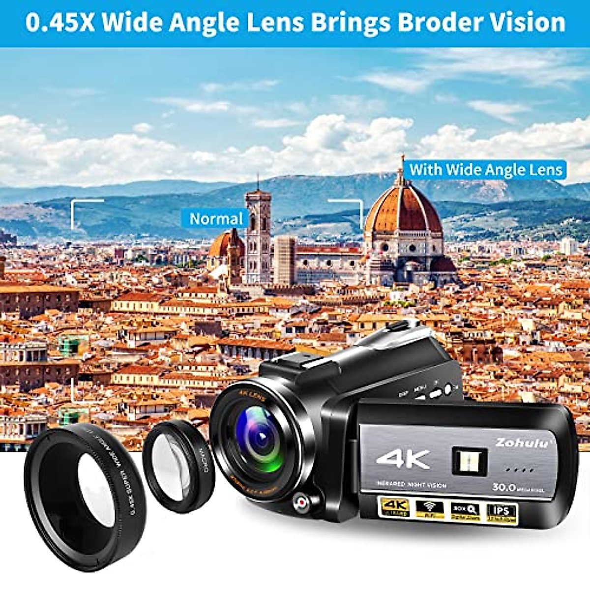 4K Video Camera Camcorders 30MP Ultra HD Infrared Night Vision Wifi Vlogging Camera for YouTube 30X Digital Zoom Touch Screen Camera Recorder with Wide-Angle Lens,32GB SD card、Infrared Flashlight
