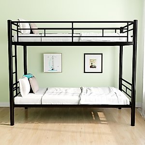 QSOSTNS Twin Over Twin Metal Bunk Bed for Juniors, Industrial Twin Bunk Beds Frame with Ladder & Full-Length Guardrail, Space-Saving, Easy Climbing & Assemble (Black)