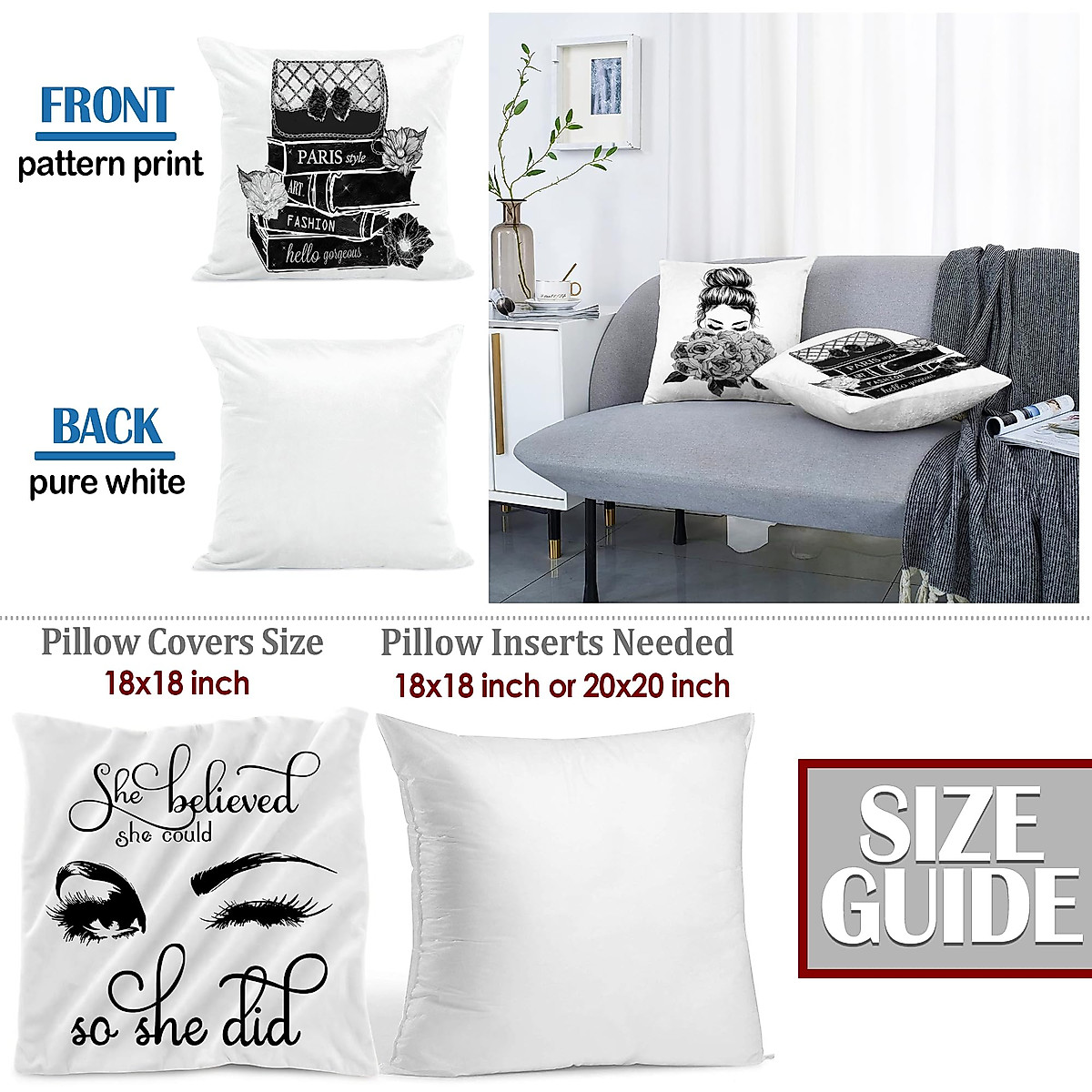 HSINYA Set of 4 18x18 Couch Bed Decorative Pillow Covers Black White Throw Pillow Covers Fashion Girls Bling Perfume Eyelashes High Heels Sayings Gray Flowers Cute Accent Pillow Covers (Black White)