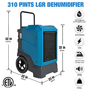 MOUNTO 310 Pints LGR Commercial Dehumidifier with Built-In Pump and Drain Hose – Portable, Heavy-Duty Dehumidifier with Wheels for Basements, Garages, Home, and Job Sites (Blue)
