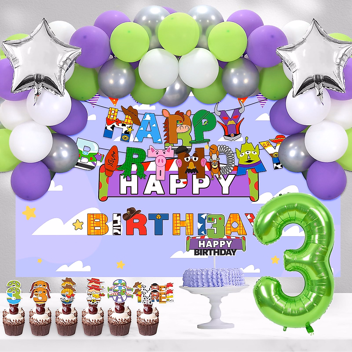 Crenics 3rd Birthday Decorations for Girls or Boys - 3rd Birthday Backdrop, Banner, Balloon Arch Kit, Number 3 Balloon with Cake Toppers for Toy Inspired Story Theme 3 Birthday Party Supplies