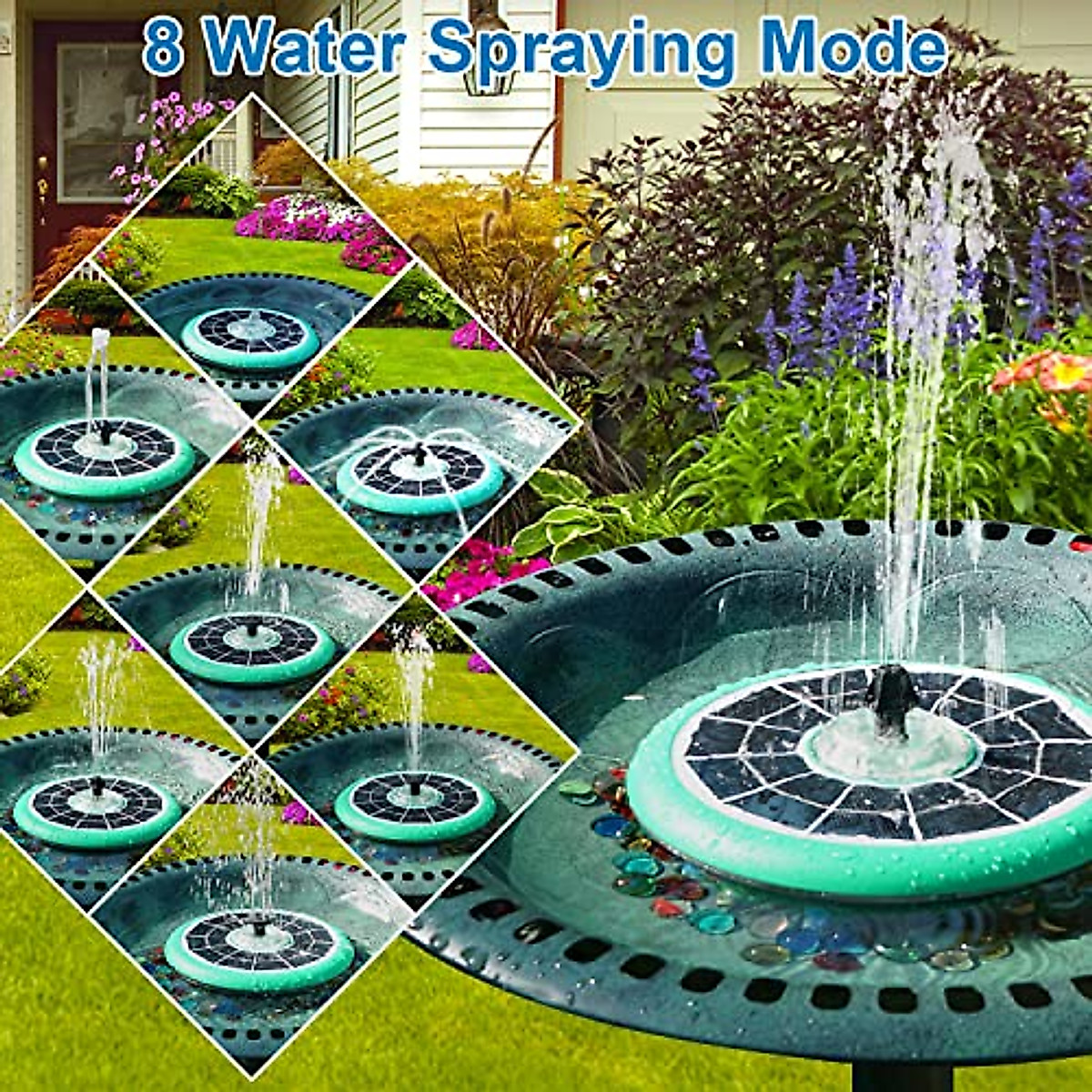 GAIZERL Solar Fountain 2023 Upgrade, 5W Solar Powered Glass Cover Bird Bath Fountains, Garden Water Feature Pump with Color Lights, 4000 Battery, 7 Nozzles, 4 Fixed Pipes for Pool, Pond & Outer Decor