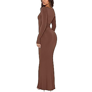 REORIA Women's Sexy Soft Lounge Ribbed Long Dress Fall Elegant Formal Wedding Guest Long Sleeve Deep V Neck Bodycon Maxi Dresses Coffee X-Small