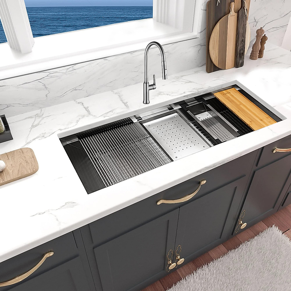 KBFmore 58 Inch Stainless Steel Undermount Workstation Kitchen Sink with Rolling Up Grid, Bottom Grid, Strainer Kit, Colander, Two Colander, and Two Bamboo Cutting Board