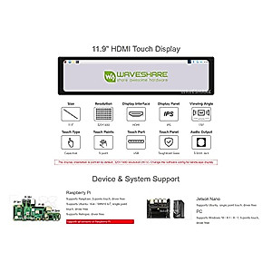 Waveshare 11.9inch Capacitive Touch Screen LCD Compatible with Raspberry Pi 5/4B/3B+/3A+/2B/B+/A+/Zero/Zero W/WH/Zero 2W CM3+/4 320×1480 Resolution HDMI IPS Supports Jetson Nano/Windows