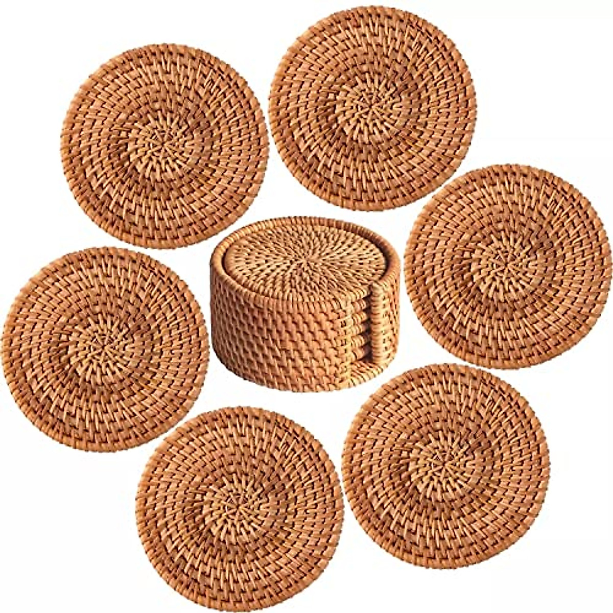 Rattan Coasters, Handmade Teacup Coasters, Creative Gift for Kitchen Table Drinks Crafts Round Natural Coasters Coasters Set of 6 with Holder (3.94in)