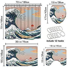 Blmiflwe 4 Piece Hokusai Great Wave Shower Curtain Set with Non-Slip Rugs,Toilet Lid Cover,U Shape Mat,Durable Rug Set Waterproof Funny Shower Curtains with 12 Hooks-Japanese Art Bathroom Decor Set
