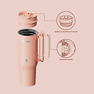 NAYAD 40oz Tumbler with Handle and Straw, Insulated Stainless Steel Travel Mug with Flip Lid & Straw Lid, Coffee Travel Mug Holder Compatible for Travel, Holiday Gift with Foldable Handle,pink tumbler