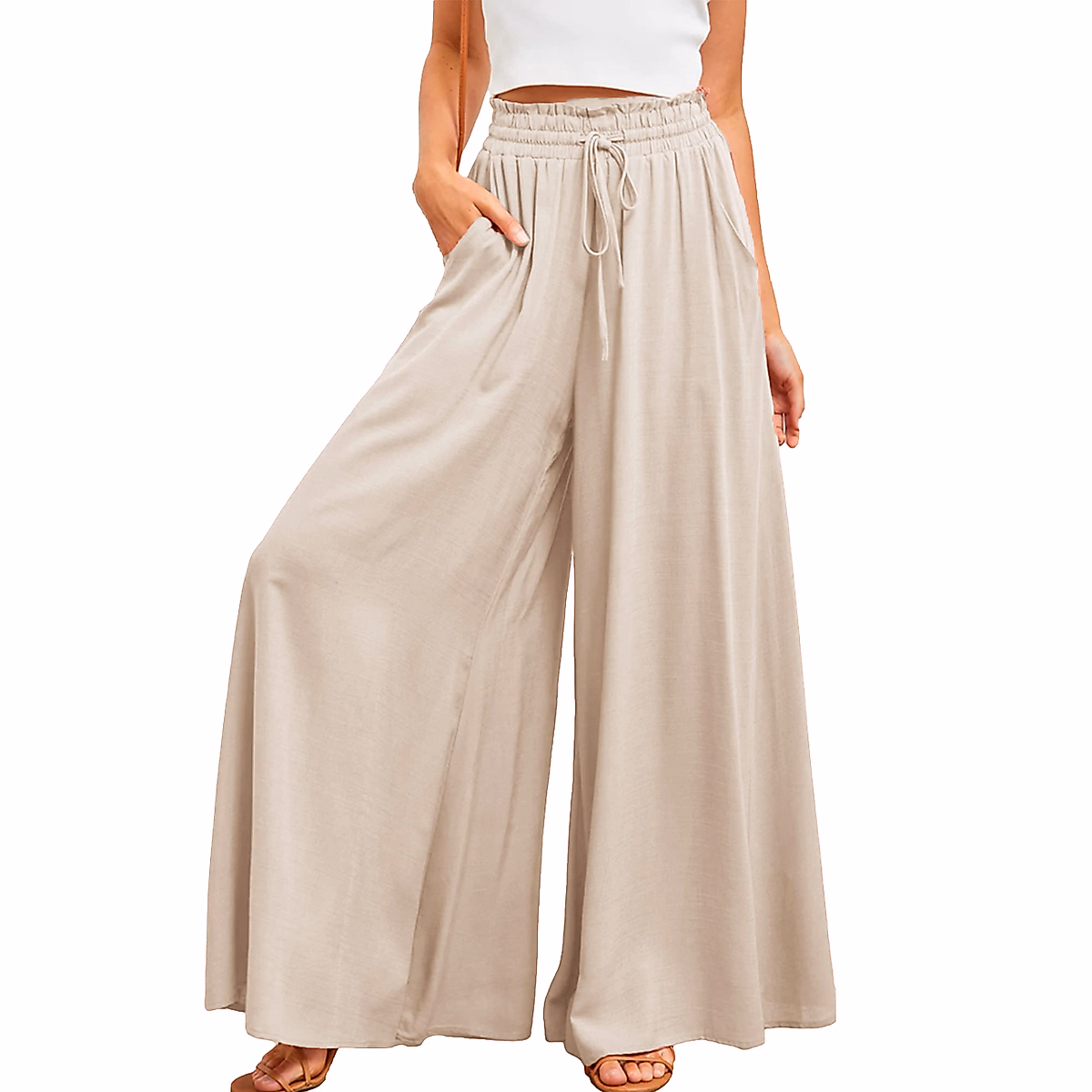 HangNiFang Wide Leg Pants for Women High Waist Workout Palazzo Yoga Pants with Pockets(0630-Apricot-M)