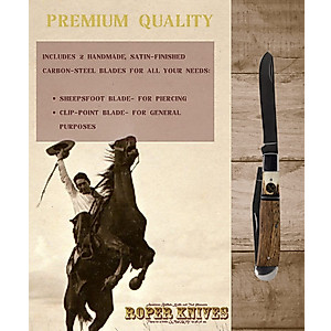 Roper Knives Laredo Series Tapper Folding Pocket Knife – (2) 1065 Carbon Blades in 1 Knife with a Stag Wooden Handle