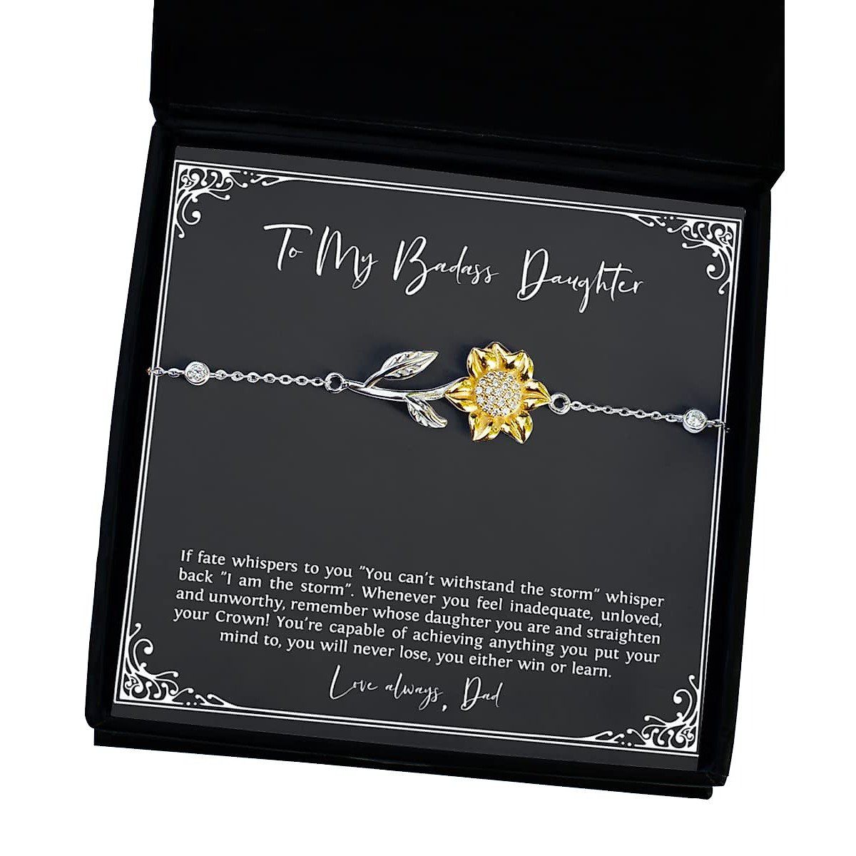 To My Badass Daughter Bracelet From Dad, 925 Sterling Silver Bracelet with 14k Gold Sunflower Charm, Daughter Gift from Dad, Gifts for Daughters from Dad, Birthday Present for Teen Girls