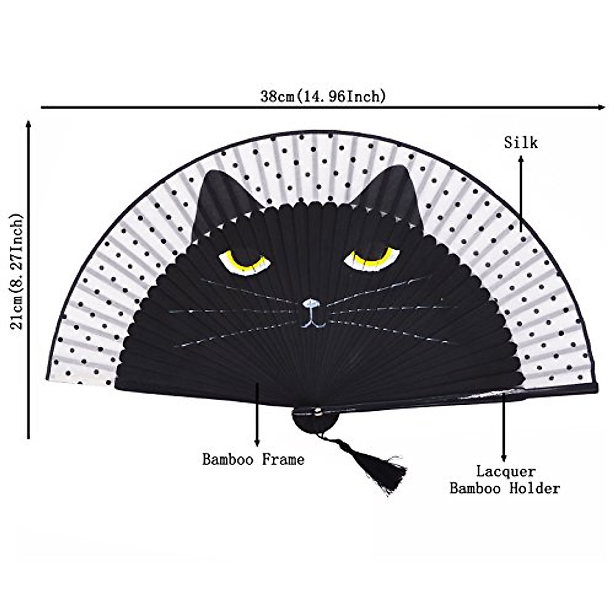 Amajiji Women Lovely Black Cat Folding Silk Fan Handheld Fan for Wedding, Dancing, Church, Party, Gifts (Black)