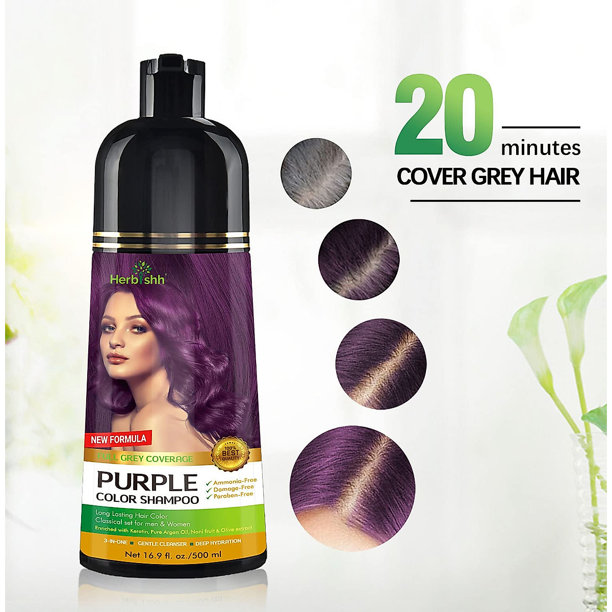 Herbishh Magic Hair Dye Shampoo – Colors Gray Hair in Minutes – Long Lasting – 500 Ml – 3-In-1 Ammonia-Free Color Treatment (Purple)